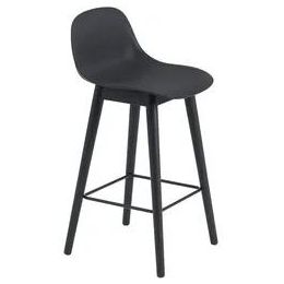 muuto Fiber Barhocker mit R&uuml;ckenlehne, wood base, h&ouml;he 65 cm, schwarz / schwarz