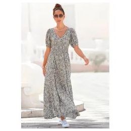 Maxikleid Vivance, Damen, Gr. 44, N-Gr, grau (grau, bedruckt), Web, Obermaterial: 100% Viskose, gebl&uuml;mt, figurbetont bodenlang, tiefer V-Ausschnitt, Puff&auml;rmel mit Gummizug, Kleider Maxikleid, mit Bl&uuml;mchendruck und V-Ausschnitt, luftiges Sommerkleid, Topseller