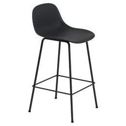 muuto Fiber Barhocker mit R&uuml;ckenlehne, tube base, h&ouml;he 65 cm, schwarz / schwarz