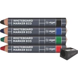 Sigel Boardmarker Set BA013, 4-teilig, f&uuml;r Whiteboards/Glas-Magnetboards/Flipcharts, kegelf&ouml;rmig, Strichst&auml;rke 1-5 mm, mit Anspitzer, farbsortiert