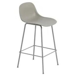 muuto Fiber Barhocker mit R&uuml;ckenlehne, tube base, h&ouml;he 65 cm, grau / grau