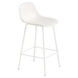 muuto Fiber Barhocker mit R&uuml;ckenlehne, tube base, h&ouml;he 65 cm, natural white / wei&szlig;