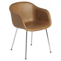 muuto Fiber Armchair, tube base, refine leder cognac / chrome