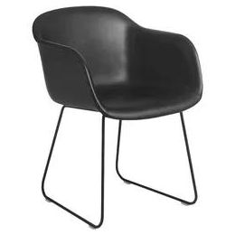 muuto Fiber Armchair, sled base, refine leder schwarz / schwarz