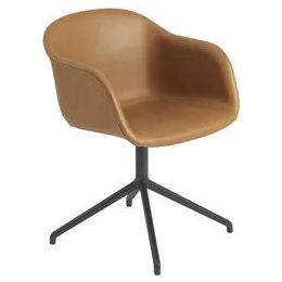muuto Fiber Armchair, swivel base with return, refine leder cognac / schwarz