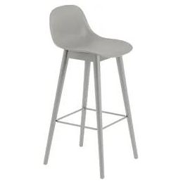 muuto Fiber Barhocker mit R&uuml;ckenlehne, wood base, h&ouml;he 75 cm, grau / grau