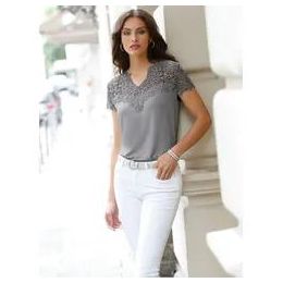 Spitzenshirt "Shirt", Damen, Gr. 44, grau (silbergrau), 95% Viskose, 5% Elasthan, Spitze:100% Polyester, unifarben, V-Ausschnitt, Shirts