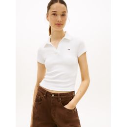 Poloshirt Tommy Jeans "TJW SLIM SH RIB POLO", Damen, Gr. L (40), ecru, Feinripp, Obermaterial: 96% Baumwolle, 4% Elasthan, unifarben, slim fit h&uuml;ftlang, V-Ausschnitt, abgesteppte Kante, Shirts, mit gerippter Struktur