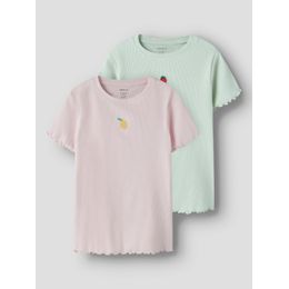 T-Shirt name it "NKFVIVEMMA 2P SS SLIM TOP", Jungen, Gr. 122/128, pale aqua pack:cradle pink, Jersey, Obermaterial: 95% Baumwolle, 5% Elasthan, bestickt, slim fit normal, Rundhals, Shirts T-Shirt, Baumwollmischung, slim fit