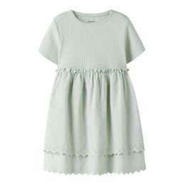 Minikleid name it "NMFHAVELLE SS DRESS", M&auml;dchen, Gr. 104, N-Gr, pale aqua, Jersey;Rippware;Web, Obermaterial: 95% Baumwolle, 5% Elasthan, unifarben, regular fit kurz, Rundhals, Kleider Minikleid, Baumwollmischung, regular fit, Lochstickerei
