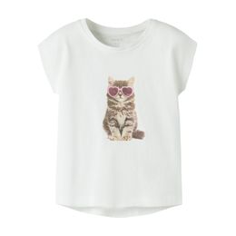 T-Shirt name it "NMFVOTIA CAPSL TOP", M&auml;dchen, Gr. 104, hellwei&szlig; print:sunglasses cat, Jersey, Obermaterial: 100% Baumwolle, bedruckt, loose fit normal, Rundhals, Shirts T-Shirt, Baumwolle, loose fit