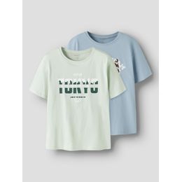 T-Shirt name it "NKMVILOGO 2P SS NREG TOP", Jungen, Gr. 122/128, blau fog pack:pale aqua, Jersey, Obermaterial: 100% Baumwolle, bedruckt, regular fit normal, Rundhals, Shirts T-Shirt, Baumwolle, regular fit