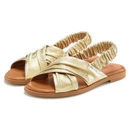 Sandale Lascana "Sandalette, Sommerschuh, offener Schuh, Pantolette", Damen, Gr. 41, goldfarben, Obermaterial: 100% Lammleder. Decksohle: 100% Rindsleder. Futter: 100% Schweinsleder. Laufsohle: 100% Synthetik, metallic, unifarben, Basic, Schuhe Sandale, aus Leder mit elastischen Riemchen
