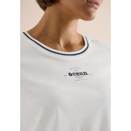 Rundhalsshirt Cecil, Damen, Gr. L (42), vanillewei&szlig;, Jersey, Obermaterial: 50% Baumwolle, 50% Modal, bestickt, normal h&uuml;ftbedeckend, Rundhals, abgesteppte Kante, Shirts Rundhalsshirt, Sommershirt mit Rippdetails
