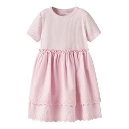 Minikleid name it "NMFHAVELLE SS DRESS", M&auml;dchen, Gr. 104, N-Gr, cradle pink, Jersey;Rippware;Web, Obermaterial: 95% Baumwolle, 5% Elasthan, unifarben, regular fit kurz, Rundhals, Kleider Minikleid, Baumwollmischung, regular fit, Lochstickerei
