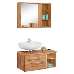 Badm&ouml;bel-Set Welltime "Davos", braun (eichefarben), Siphonausschnitt links, Holzwerkstoff, Kastenm&ouml;bel-Sets, Badm&ouml;bel-Set, Spiegel inklusive Beleuchtung, Regal und Waschplatz