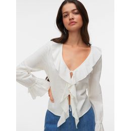 V&eacute;ro Moda R&uuml;schenbluse VERO MODA "VMJAMIE TIE LS TOP WVN", Damen, Gr. L, snow wei&szlig;, Web, Obermaterial: 60% Baumwolle, 40% Viskose, unifarben, normal, V-Ausschnitt, Volant, Blusen