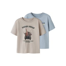T-Shirt name it "NMMVOTO 2P SS NREG TOP", M&auml;dchen, Gr. 104, chateau gray pack:blau fog, Jersey, Obermaterial: 100% Baumwolle, bedruckt, regular fit normal, Rundhals, Shirts T-Shirt, Baumwolle, regular fit