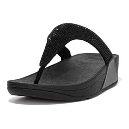 Dianette fitflop "LULU CRYSTAL EMBELLISHED TOE-POST SANDALS - HOTFIX", Damen, Gr. 40, schwarz, Textil, Glitzer, Schuhe Dianette, Keilabsatz, Sommerschuh, Zehentrenner mit weichem Zehensteg