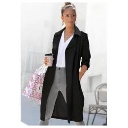 Trenchcoat Lascana, Damen, Gr. 46, schwarz, Web, Obermaterial: 79% Polyester, 17% Viskose, 4% Elasthan, unifarben, figurumspielend knielang, V-Ausschnitt, gerader Abschluss, M&auml;ntel, zum Regulieren, leichter Damenmantel ohne Futter, casual-chic, Topseller
