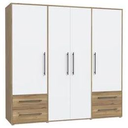 Kleiderschrank FORTE "Mokkaris,Topseller, zeitloses Design, 3&ndash;4 T&uuml;ren, Made in Europe", wei&szlig; (mauvella eiche, wei&szlig;), B:205,9cm H:200,1cm T:58,8cm, Holzwerkstoff, Schr&auml;nke, Kleiderschrank, Schubladen + schwarze Stangengriffe, Made in Europe, viel Stauraum, Topseller