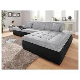 Ecksofa DOMO collection "PB Moric wahlweise mit Bettfunktion + Armteilverstellung, L-Form", silber (schwarz, silber), B:300cm H:80cm T:172cm, Kunstleder SOFTLUX / Struktur (90% Polyester, 10% Polyacryl);Zierkissen: Struktur (90% Polyester, 10% Polyacryl);Microfaser PRIMABELLE (100% Polyester) / Struktur (90% Polyester, 10% Polyacryl), Sofas, Ecksofa, im XXL-Format, B/T/H:300/172/80 cm, feine Stepp