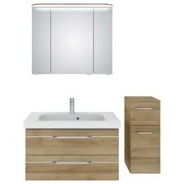 Badm&ouml;bel-Set SAPHIR "Balto Sprint 3-teilig, Mineralmarmor-Waschtisch mit LED-Spiegelschrank", braun (riviera eiche quer nachbildung), B:122cm H:200cm T:50,8cm, Holzwerkstoff, Kastenm&ouml;bel-Sets, Badm&ouml;bel-Set, Badezimmer Set mit Unterschrank inkl T&uuml;rd&auml;mpfer, 4 T&uuml;ren, 3 Schubladen