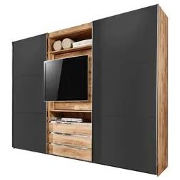 Schwebet&uuml;renschrank wimex "Magic by fresh to go", grau (plankeneiche nachbildung, graphit), B:300cm H:216cm T:65cm, Schr&auml;nke, Schwebet&uuml;renschrank, tolles EXTRA: mit drehbarem TV-Element, mittig mit Schubladen