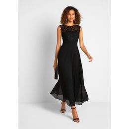 Maxikleid bonprix "Maxikleid mit Spitze", Damen, Gr. 50, N-Gr, schwarz (schwarz (l&auml;nge: regul&auml;r)), Spitze, Obermaterial: 100% Polyester. Futter: 100% Polyester. Spitze: 100% Polyester, unifarben, festlich, tailliert kn&ouml;chellang, Rundhals, Kleider Maxikleid, f&uuml;r festliche Anl&auml;sse, vollst&auml;ndig gef&uuml;ttert, taillierte Passform
