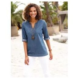 Jeansbluse Casual Looks, Damen, Gr. 42, blau (blau, stone, washed), 100% Baumwolle, unifarben, Rundhals, Blusen Jeansbluse