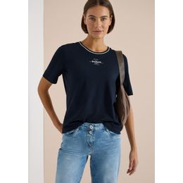 Rundhalsshirt Cecil, Damen, Gr. L (42), universal blau, Jersey, Obermaterial: 50% Baumwolle, 50% Modal, bestickt, normal h&uuml;ftbedeckend, Rundhals, abgesteppte Kante, Shirts Rundhalsshirt, Sommershirt mit Rippdetails