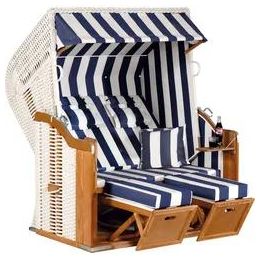 Strandkorb SUNNYSMART "Rustikal 250 Plus XL, TOPSELLER", wei&szlig; (korpus: natur, wei&szlig; bezug: blau, wei&szlig;), Strandk&ouml;rbeB:145cm H:160cm T:90cm, Strandkorb, 2 XL-Sitzer, komplett montiert, Oberkorb in einem St&uuml;ck geflochten, B:145cm H:160cm T:90cm