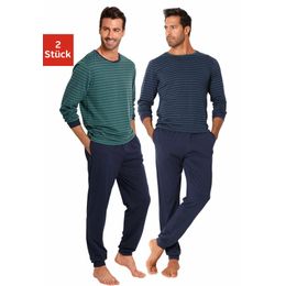 Pyjama Le Jogger, Herren, Gr. 44/46, bunt (petrol, marine), Jersey, Obermaterial: 100% Baumwolle, gestreift, Basic, lang, Rundhals, angesetztes B&uuml;ndchen, Homewear-Sets Pyjama, Schlafanazug lang im Streifendesign