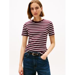 T-Shirt Tommy Hilfiger "SLIM CODY C-NK SS", Damen, Gr. XXXL(46), beige (deep burgundy, ecru stp), Jersey, Obermaterial: 100% Baumwolle, gestreift, slim fit h&uuml;ftlang, Rundhals, abgesteppt, Shirts T-Shirt, Baumwolle, slim fit