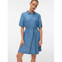 V&eacute;ro Moda Hemdblusenkleid VERO MODA "VMBREE SS SHORT TENCEL SHIRT DRESS", Damen, Gr. M, N-Gr, medium blau denim, Web, Obermaterial: 100% Lyocell, unifarben, regular fit kurz, V-Ausschnitt, Kleider, Viskose, regular fit, Denim Look