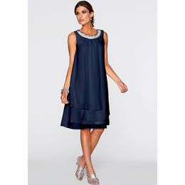 Chiffonkleid bonprix, Damen, Gr. 42, N-Gr, blau (dunkelblau), Obermaterial: 100% Polyester. Futter: 100% Polyester, festlich, loose fit, Kleider Chiffonkleid, festliches Kleid, mit Strassstein-Applikation, aus Chiffon