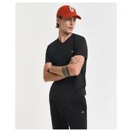 T-Shirt Gant "SLIM SHIELD V-NECK T-SHIRT", Herren, Gr. 3XL, schwarz, Jersey, Obermaterial: 100% Baumwolle, unifarben, Basic, slim fit h&uuml;ftbedeckend, V-Ausschnitt, abgesteppte Kante, Shirts T-Shirt, mit einer kleinen Logostickerei auf der Brust
