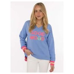 Sweatshirt Zwillingsherz "Dana", Damen, Gr. L/XL, blau (new blau), Sweatware, Obermaterial: 50% Baumwolle, 50% Polyester, unifarben mit Farbeins&auml;tzen, normal h&uuml;ftlang, V-Ausschnitt, Sweatshirts Sweatshirt, Neon-B&uuml;ndchen, V-Ausschnitt, Langarm, Front-Stickerei