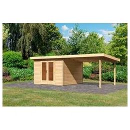 Gartenhaus Karibu "Rabensee 1", beige (naturbelassen), Holzwerkstoff, Gartenh&auml;user, Gartenhaus, mit Anbaudach 3,30 m, naturbelassen