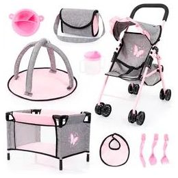 Puppenbuggy BAYER "Set mit Reisebett", rosa (grau, rosa schmetterling), Puppenwagen, KinderB:43cm H:52cm T:26,5cm, B:43cm H:52cm T:26,5cm