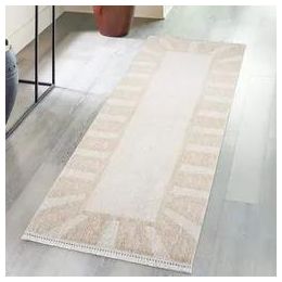 Teppich Carpet City "CLASICO 9152", beige, B:80cm H:11mm L:300cm, Obermaterial: 100% Polyester, Teppiche, Teppich, L&auml;ufer, Kurzflor, Hochtief-Muster, Boho, Fransen, Wohnzimmer