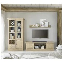 Wohnwand Home Affaire "Cornwall, Anbauwand im Landhausstil, Wohnzimmer-Set, in Eiche Dekor", braun (eiche), B:309cm H:214cm T:42cm, Holzwerkstoff, Kastenm&ouml;bel-Sets, Wohnwand, enth&auml;lt Vitrine, Lowboard, Wandboard, 309 cm breit, Metallgriffe