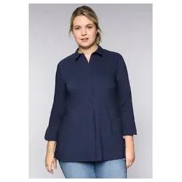 Longbluse sheego, Damen, Gr. 58, blau (marine), 70% Baumwolle, 27% Polyamid, 3% Elasthan, unifarben, Blusen Longbluse