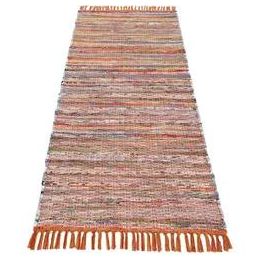 Teppich CarpetFine "Kelim Chindi, Wendeteppich", orange, B:75cm H:6mm L:200cm, Baumwolle, Polyester, Teppiche, Teppich, handgewebt, Fleckerlteppich mit Fransen, auch vielen in L&auml;ufergr&ouml;&szlig;en