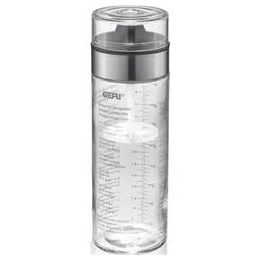 Dressing Shaker Gefu "MIX", silber (transparent, silberfarben, schwarz), H:20,3cm &Oslash;:6,7cm, Glas, Kunststoff, Shaker, Doppelskala (ml/oz), auslaufsicher, 350 ml