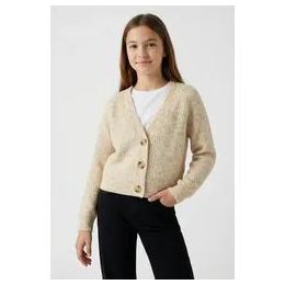 Strickjacke name it "NKFHOLLY BOXY SHORT KNIT CARD NOOS", M&auml;dchen, Gr. 116, beige (pure cashmere), Strick, Obermaterial: 79% Polyester, 13% Polyacryl, 5% Wolle, 3% Elasthan, unifarben, normal h&uuml;ftlang, tiefer V-Ausschnitt, Strickb&uuml;ndchen, Strickjacken Strickjacke, in modischer Boxy-Form, mit tiefem V-Ausschnitt