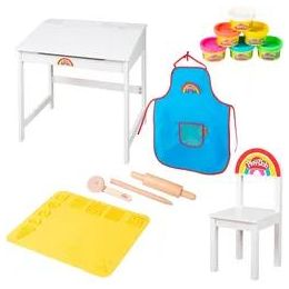 Kindersitzgruppe Roba "Play-Doh Schulpult", wei&szlig;, Sitzm&ouml;bel-Sets, Kinder, inkl. 3D-Kreativmatte, 6 Knetdosen, Sch&uuml;rze
