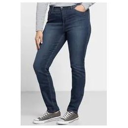 Stretch-Jeans sheego, Damen, Gr. 48, Normalgr&ouml;&szlig;en, blau (dunkelblau denim), 37% Viskose, 34% Baumwolle, 27% Polyester, 2% Elasthan, unifarben, lang, Jeans