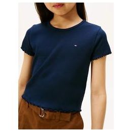 T-Shirt Tommy Hilfiger "ESSENTIAL RIB TOP mit Babylock-Kanten und Stickerei", M&auml;dchen, Gr. 4 (104), blau (schwarz night navy), Rippware, Obermaterial: 95% Baumwolle, 5% Elasthan, normal h&uuml;ftlang, Rundhals, Rollkante, Shirts T-Shirt, unifarben, casual, regular fit, Baumwollmix, Rundhals