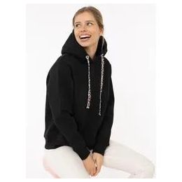 Hoodie Zwillingsherz "Nelina", Damen, Gr. L, schwarz, Sweatware;Feinripp;Feinstrick, Obermaterial: 50% Baumwolle, 50% Polyester, bedruckt, unifarben, h&uuml;ftbedeckend, ohne Ausschnitt, Rippb&uuml;ndchen mit Daumenl&ouml;chern, Sweatshirts Hoodie, mit Leo Band und schlichter Stickerei "Stay Wild"